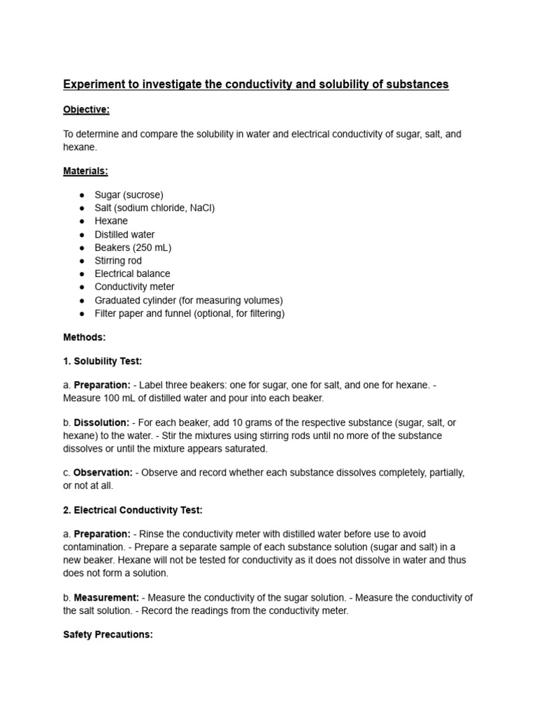 Experiment To Investigate The Conductivity and Solubility of Substances ...