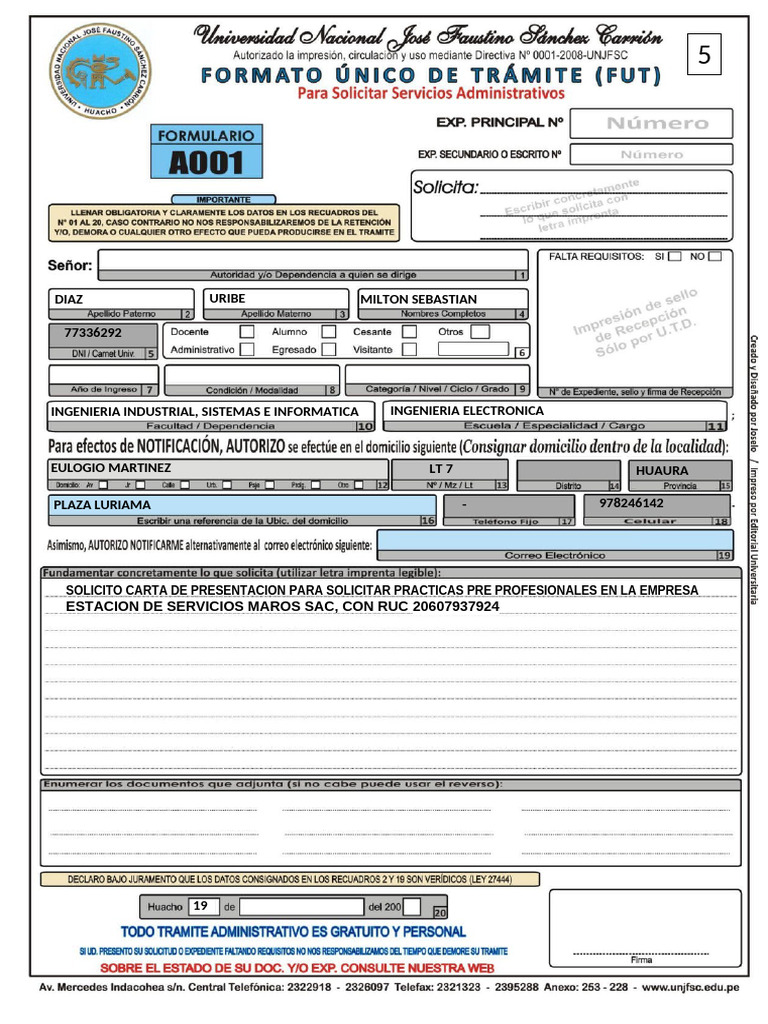 FUT_SOLICITUD_DE_CARTA_DE_PRESENTACION | PDF