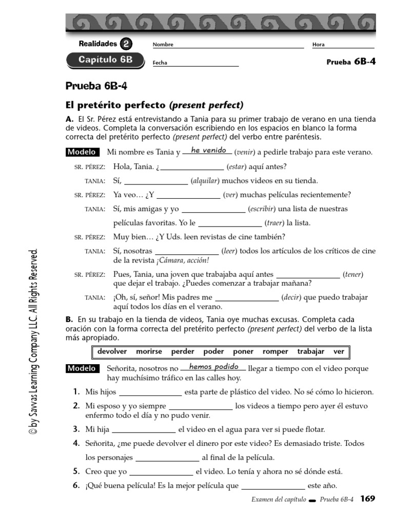 Prueba 6B-4: Pretérito Perfecto Ejercicios | PDF