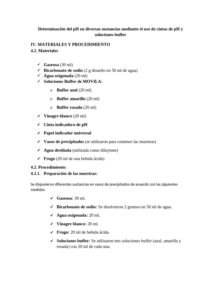 Determinación Del PH en Diversas Sustancias Mediante El Uso de Cintas de PH y Soluciones Buffer ...