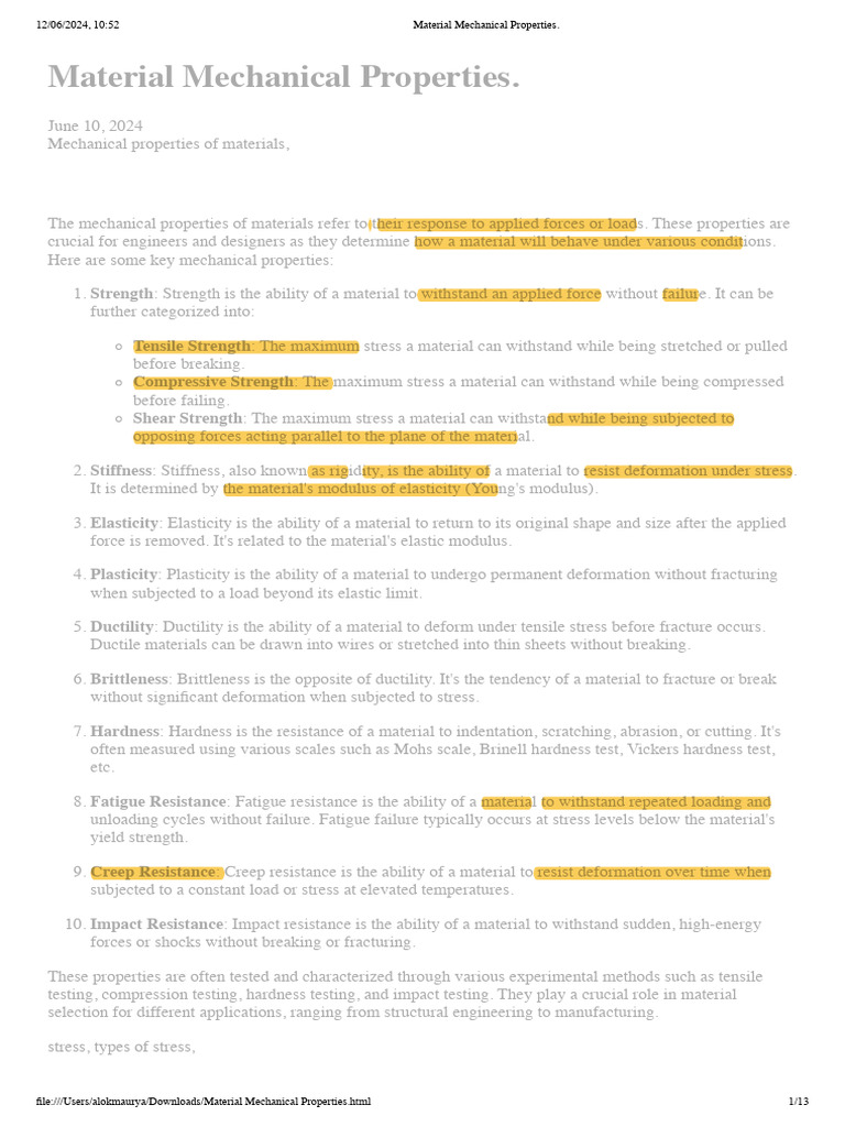 Material Mechanical Properties | PDF