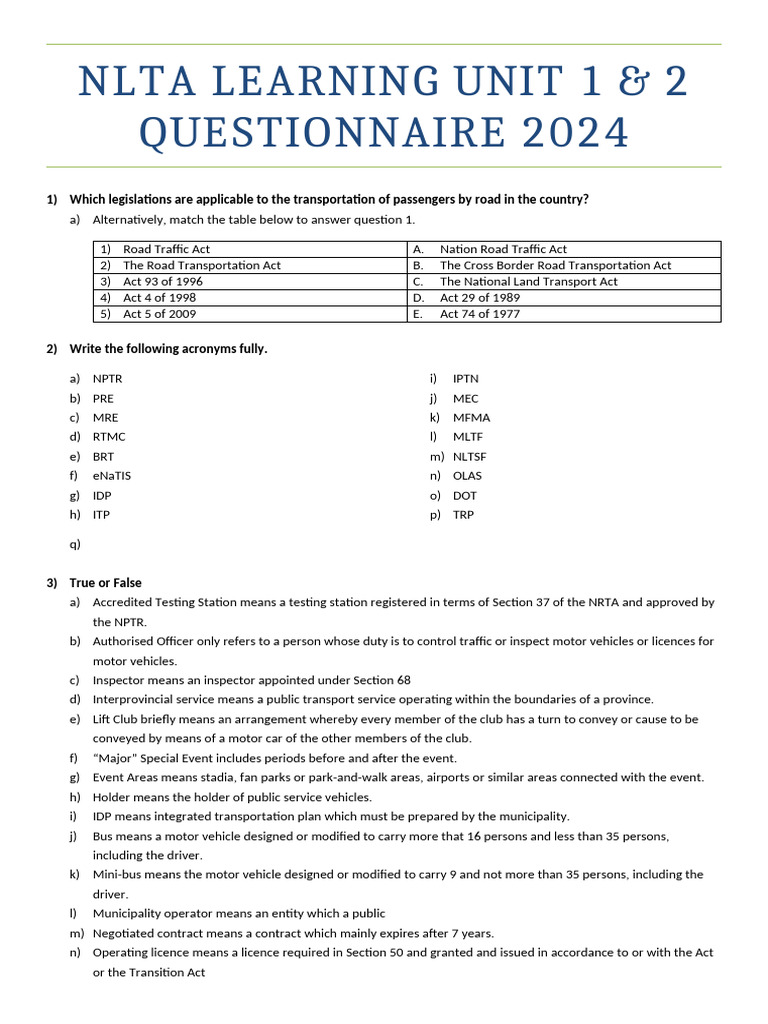 NLTA Questionnaire | PDF