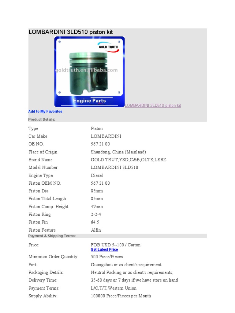 Lombardini 3ld510 Piston Kit | PDF | Piston | Automobiles