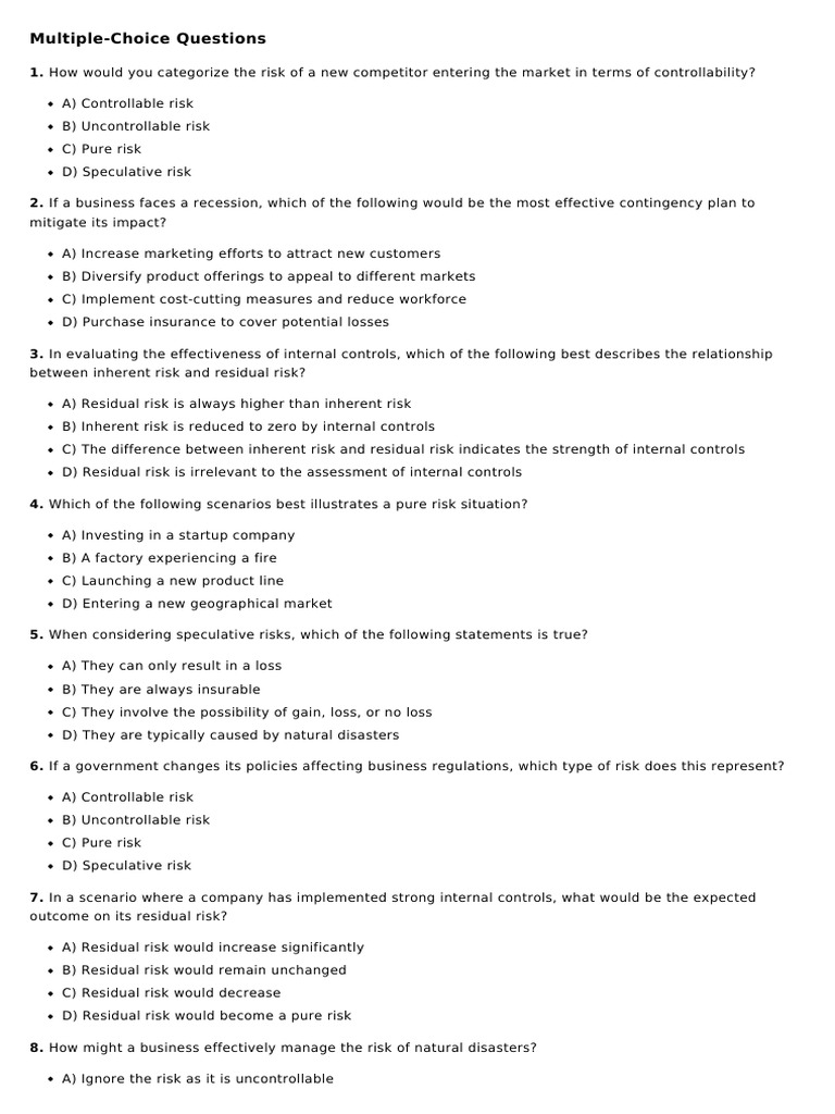 Quiz Multiple-Choice Questions | PDF | Risk | Business