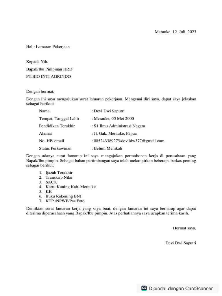 Surat lamaran kerja Devi Dwi Saputri | PDF