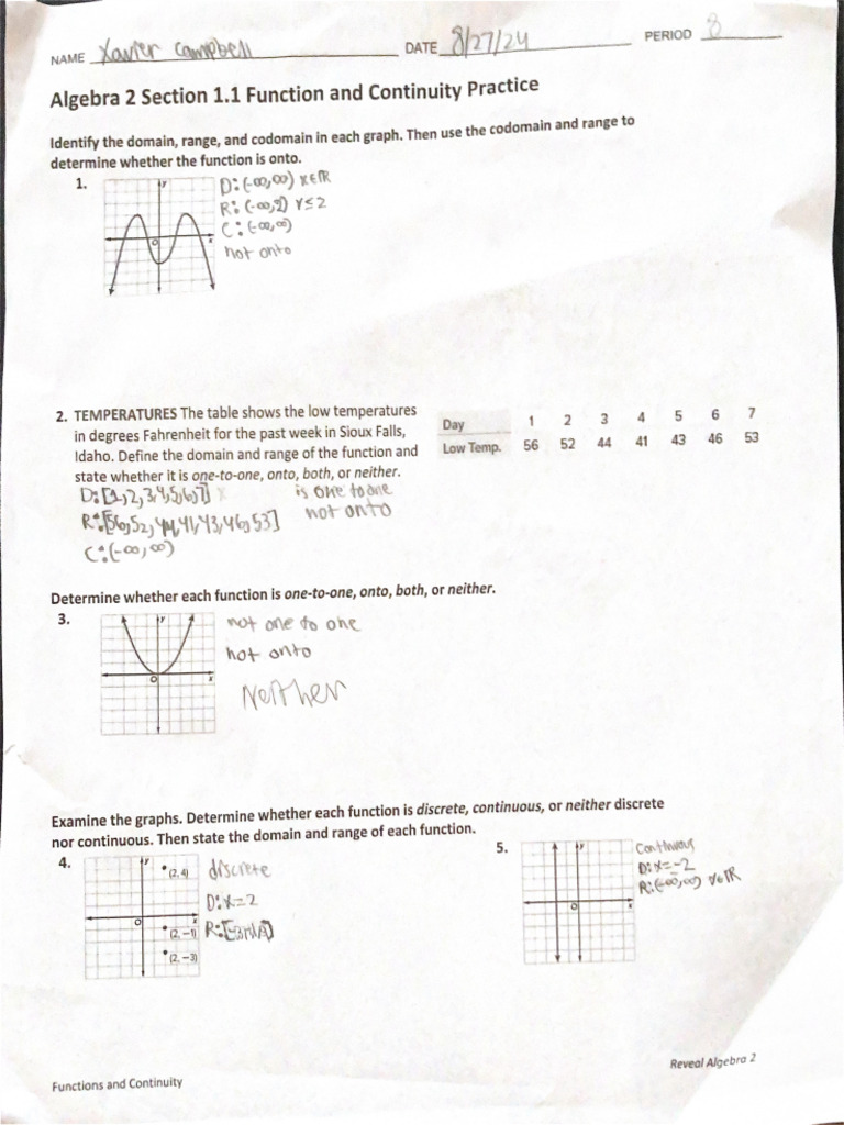 Algebra section 1.1b Function and Contity practice | PDF