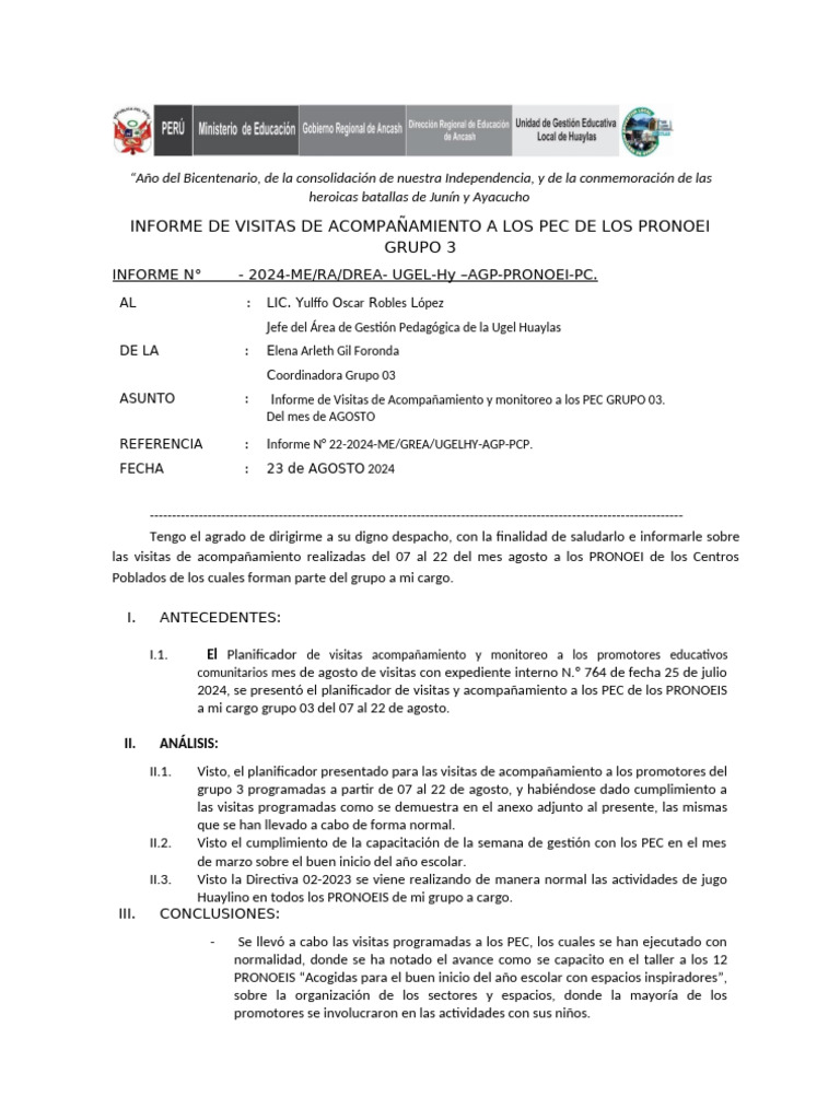 Informe de Vicitas y Acompañamiento Pec Del Mes de Agosto | PDF