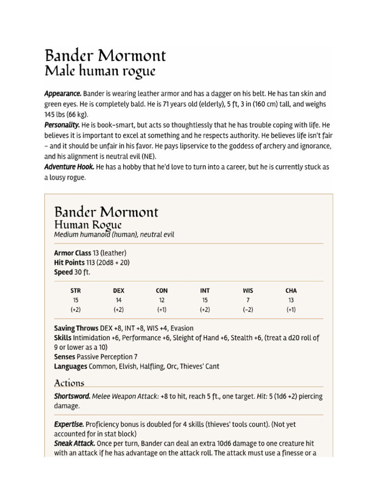 Bander Mormont The Male Human Rogue | PDF