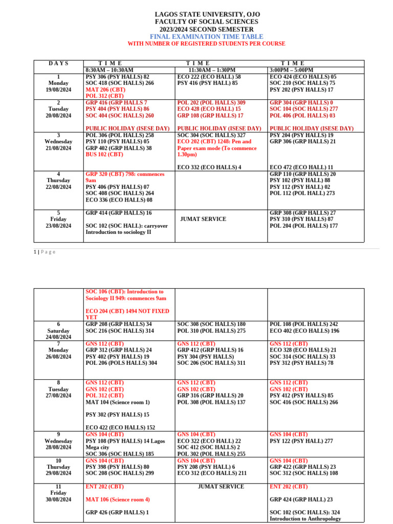 Final Final Faculty of Social Sciences Second Semester 220232024 Exam Timetable Public Holiday | PDF