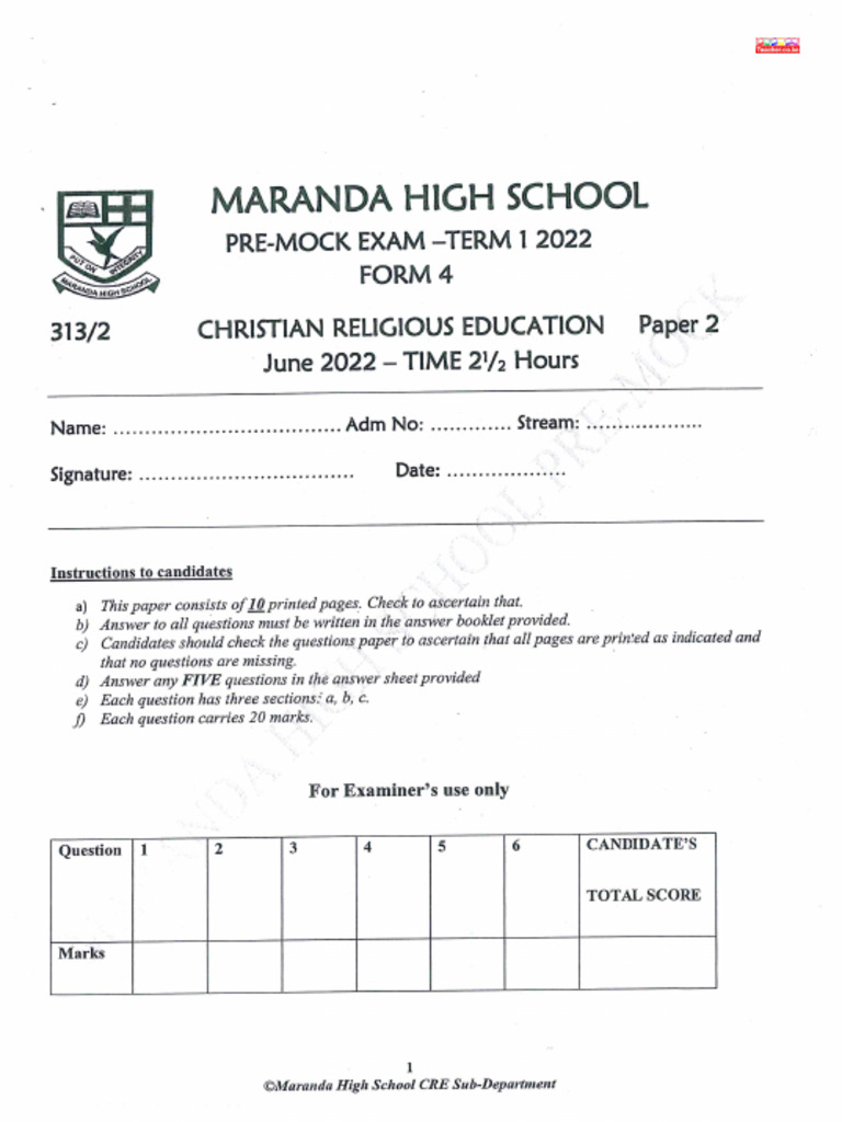 Maranda CRE Paper 2 Maranda Form 4 End Term 11 Teacher Co Ke | PDF