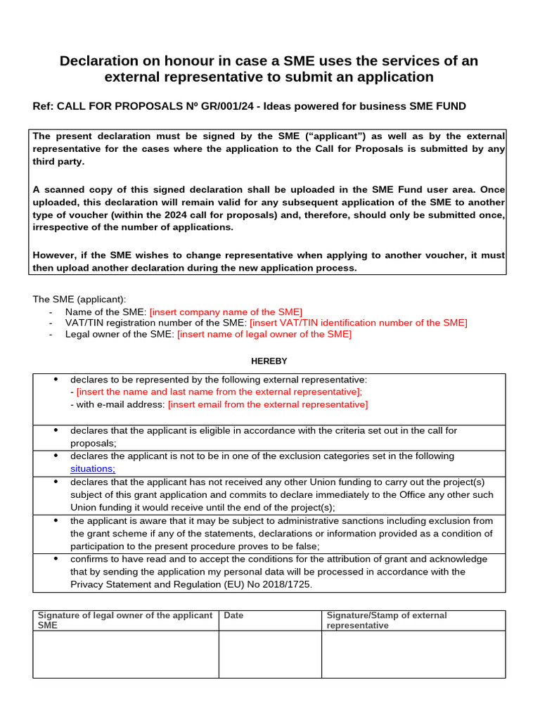 SME Declaration on Honour for Representation | PDF | Business | Finance ...