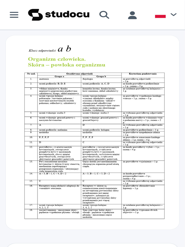 Biologia Skóra Odpowiedzi - Klucz Odpowiedzi A B Organizm Człowieka ...