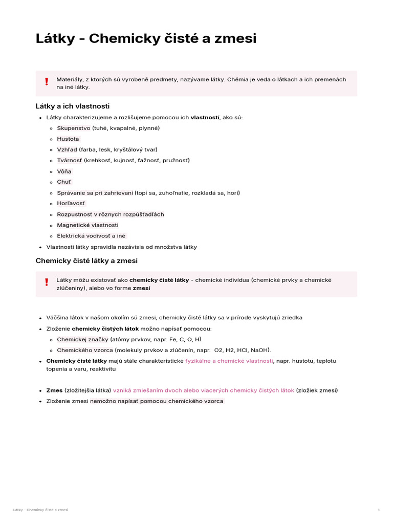 Látky - Chemicky Čisté A Zmesi | PDF