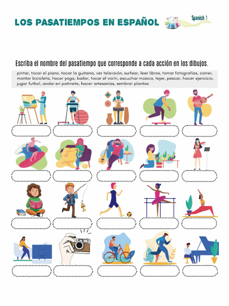 Pictionary Hobbies in Spanish Worksheet Vocabulario Pasatiempos Español ...