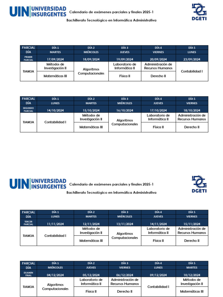 Calendario de Exámenes Parciales y Finales TIAM3A - 240913 - 102602 | PDF