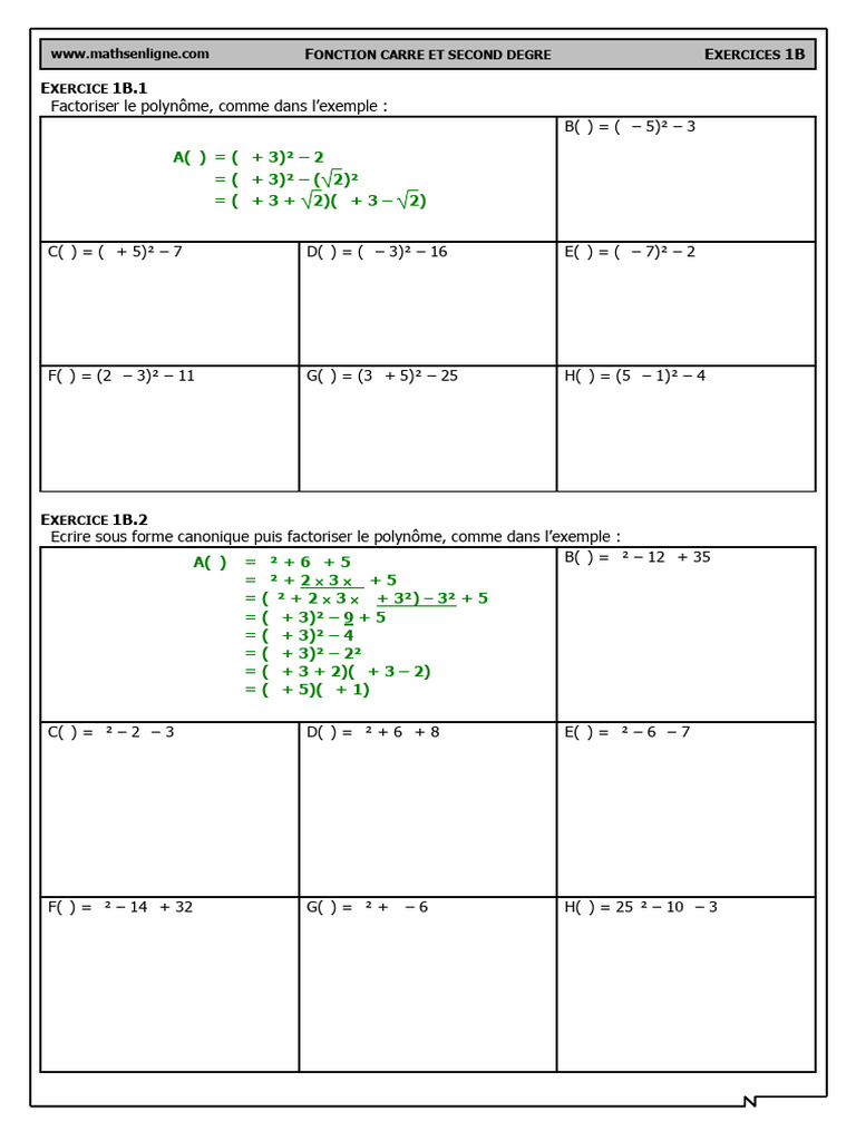 2nde - Ex 1b - Factorisations Avec La Forme Canonique - CORRIGE | PDF
