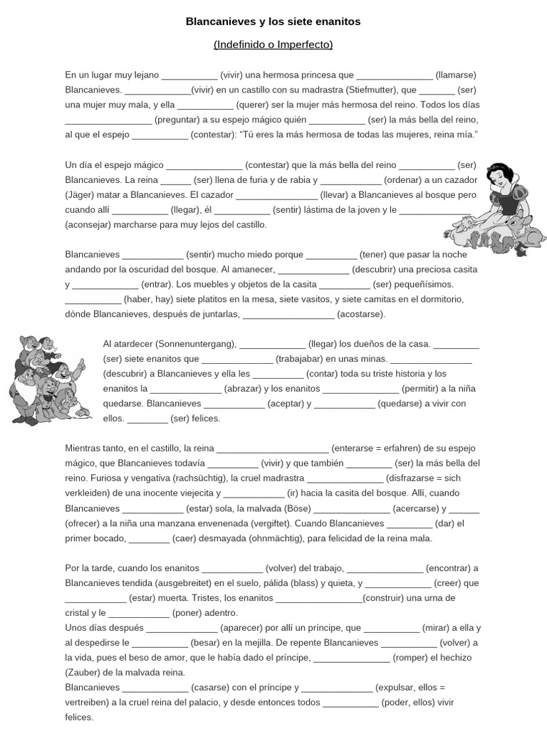 Blancanieves y Los Siete Enanitos Indefinido o Imp Actividades y Juegos Ejercicios de Gramatica ...