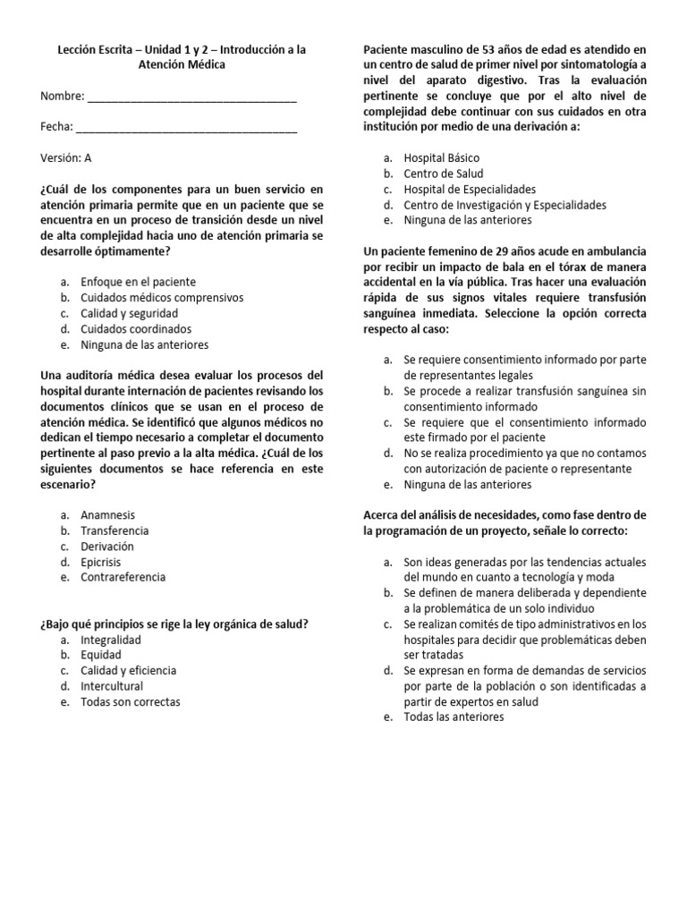 Lección Escrita U1 y U2 Version A2 | PDF