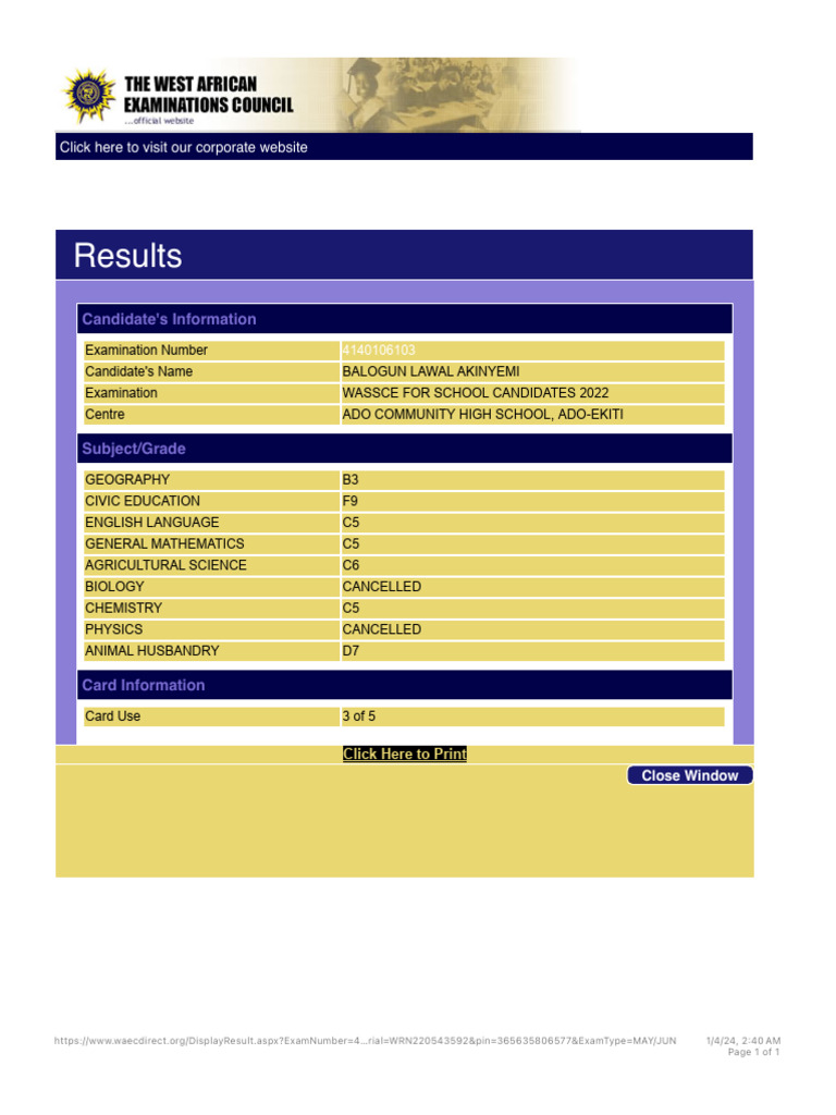 Waecdirect Online - Results | PDF