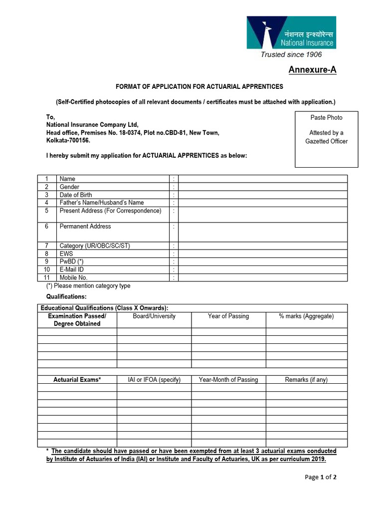 Annexure A - Application Form For Engagement of Actuarial Apprentice ...