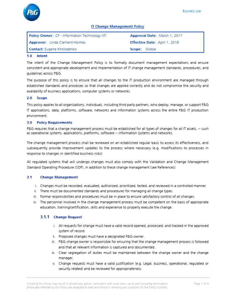 IT Change Management Policy | PDF