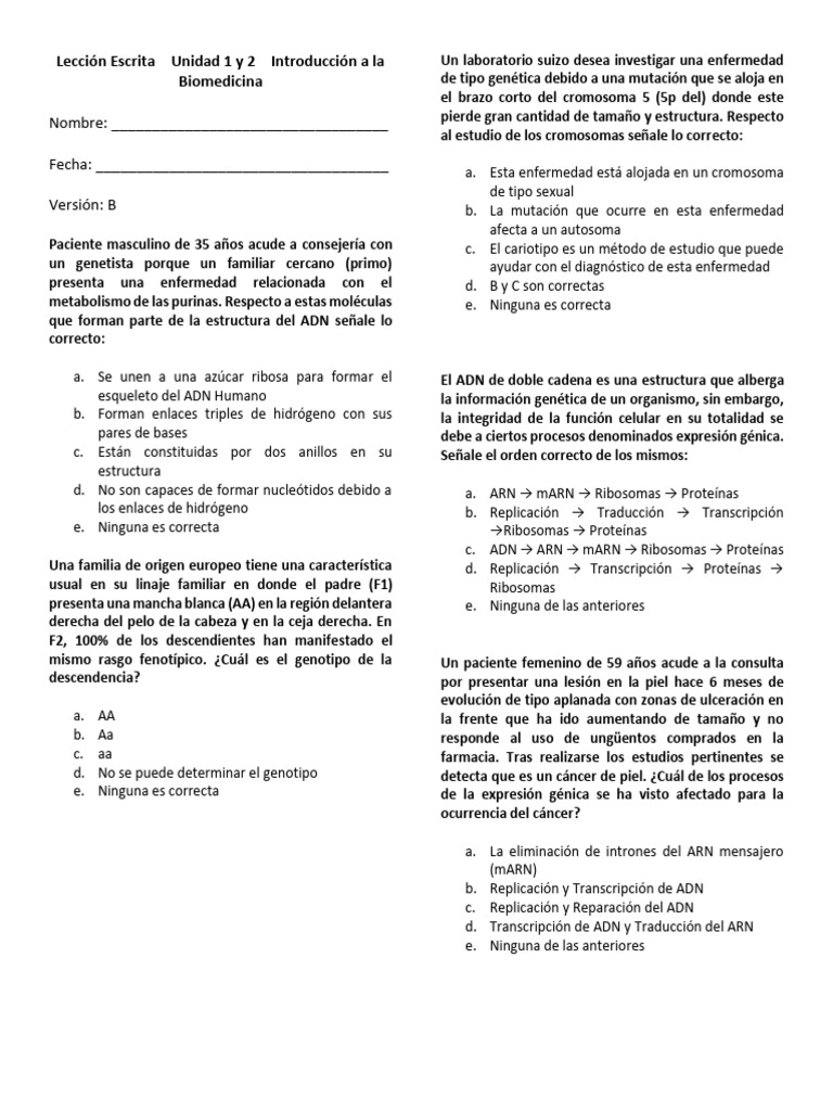 Lección Escrita U1 y U2 Biomedicina Version B | PDF