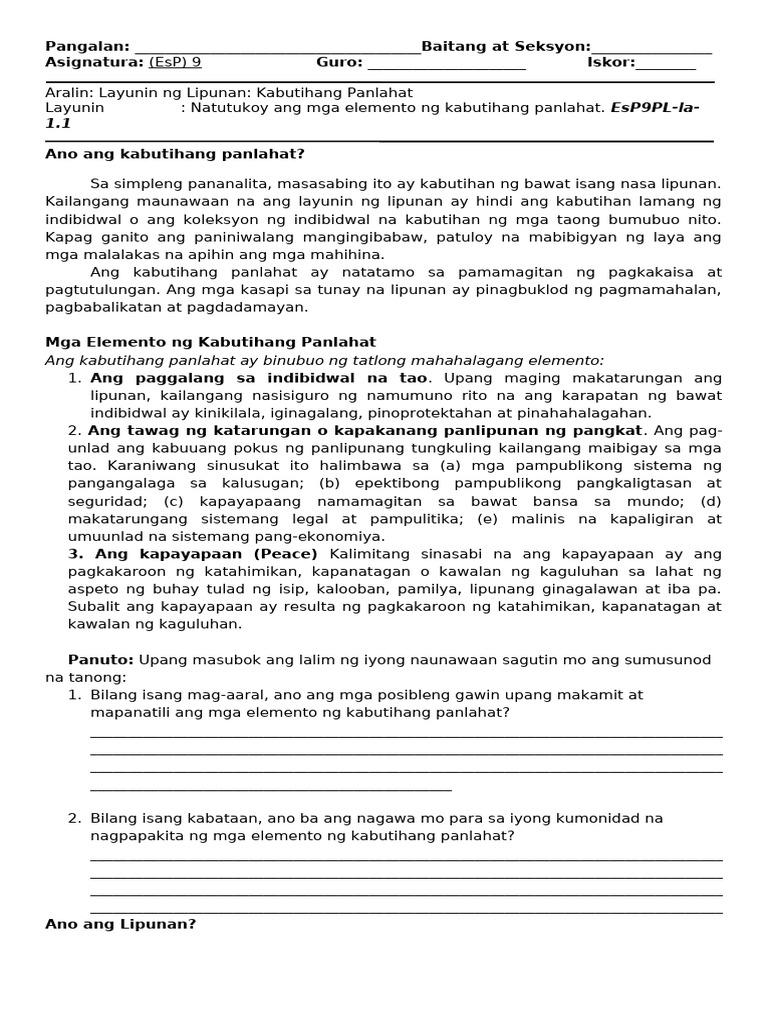 ESP 9. Q1.Week1 LAS - 1 | PDF