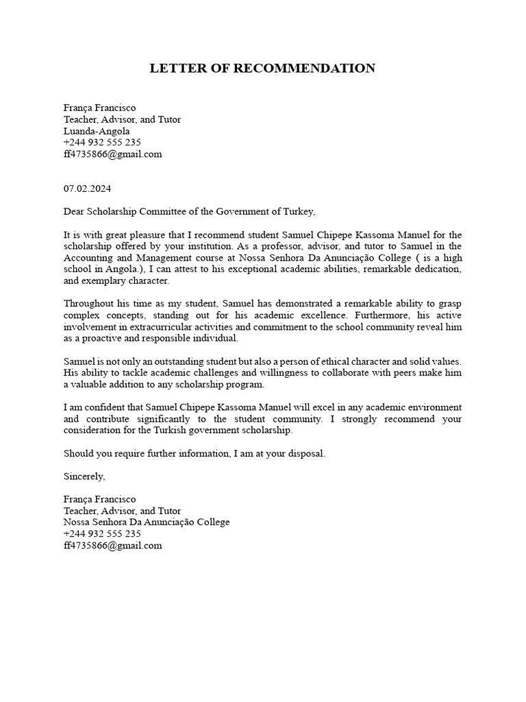 Samuel Manuel - Letter of Recommendation | PDF