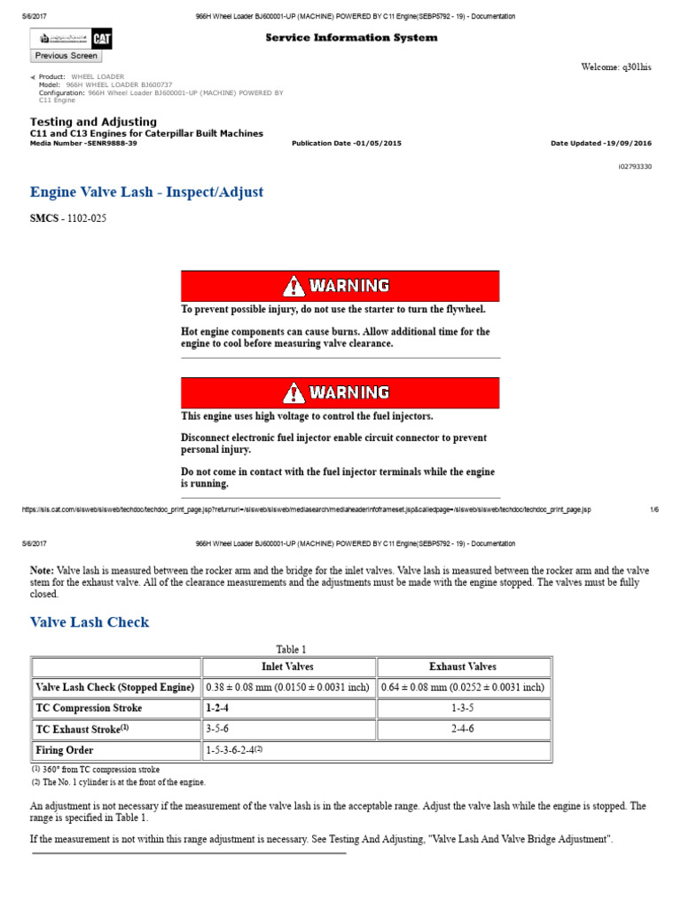 C11 Valve Lash Settings Tappet Settings | PDF