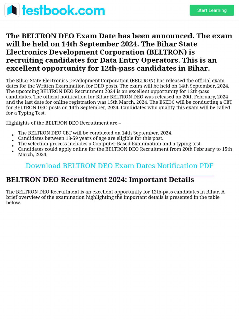 BELTRON DEO Recruitment 2024 - Check Exam Date!Exam Info | PDF