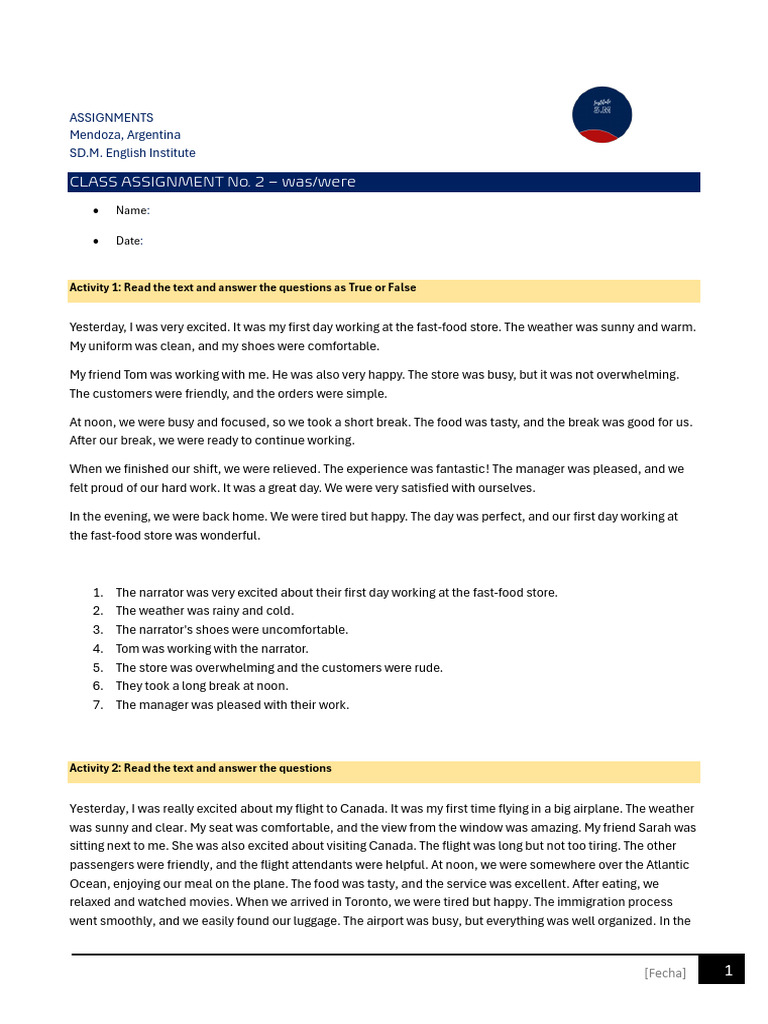 CLASS ASSIGNMENT No. 2 - WAS-WERE | PDF