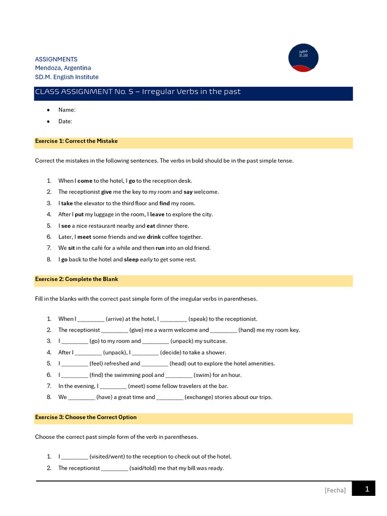 CLASS ASSIGNMENT No. 5 - Irregular Verbs | PDF