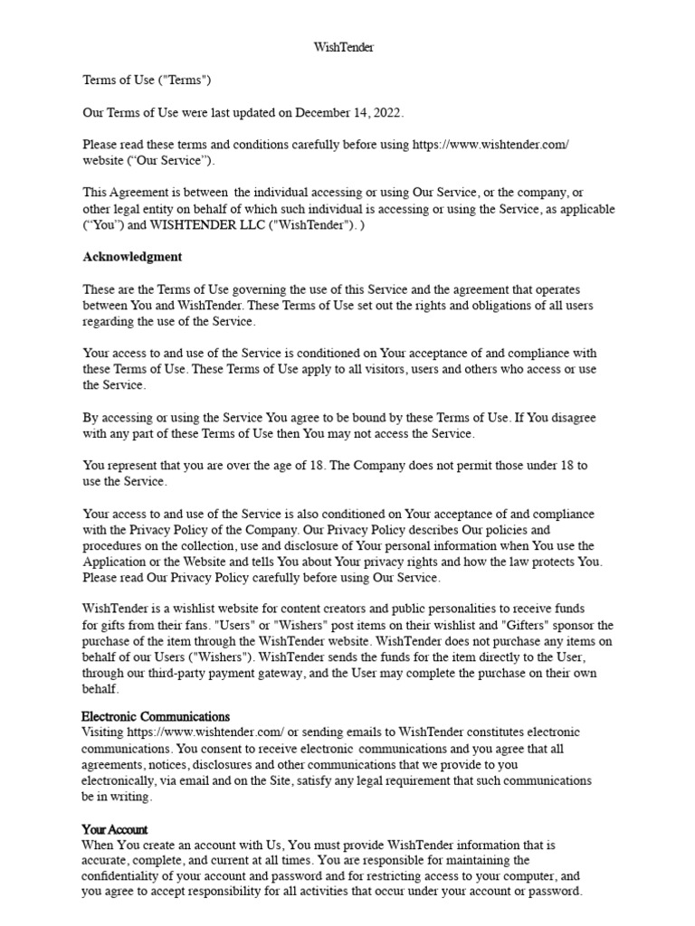 WishTender Terms of Service | PDF