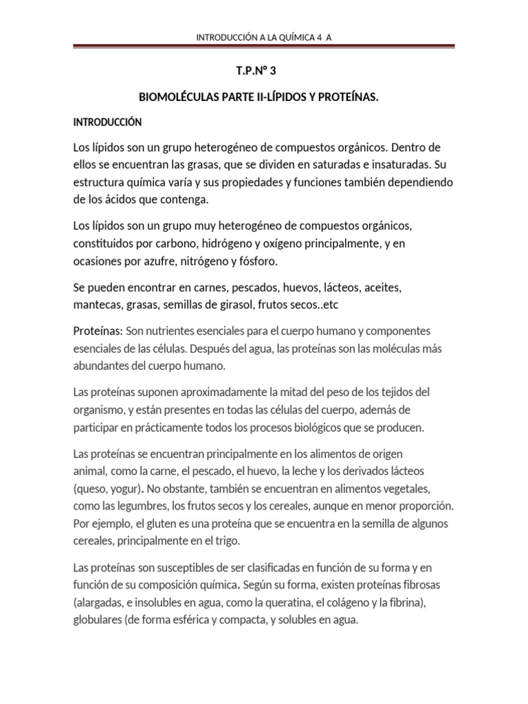 T.p.n° 3 Biomoleculas 2° Parte. Lipidos Proteinas | PDF