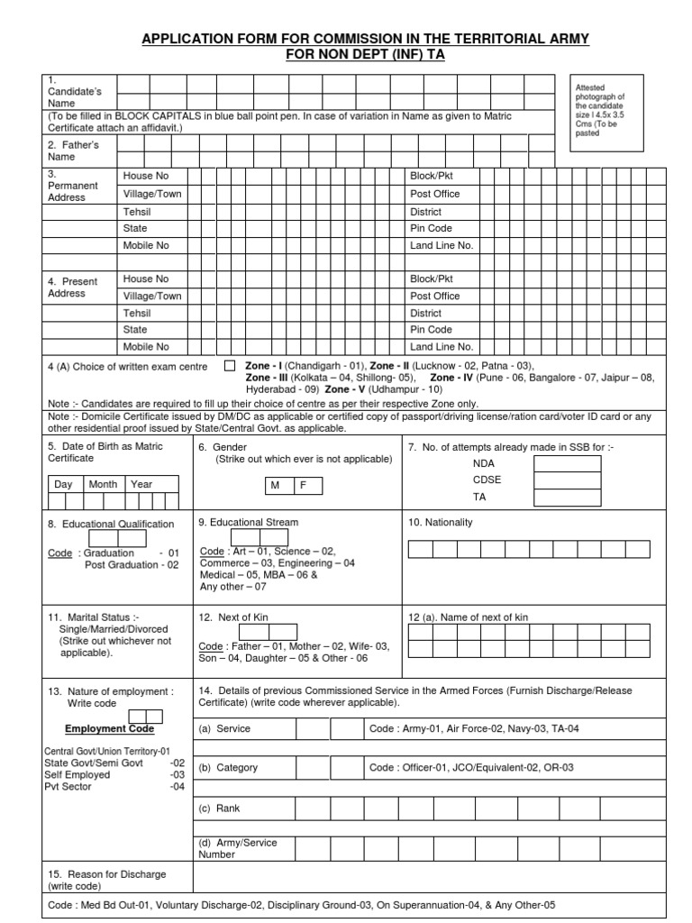Application Form For Commission in The Territorial Army For Non Dept ...