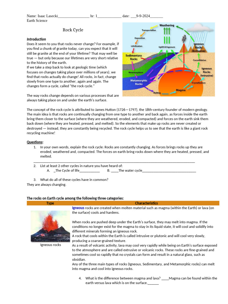 Rock Cycle Reading -Questions | PDF