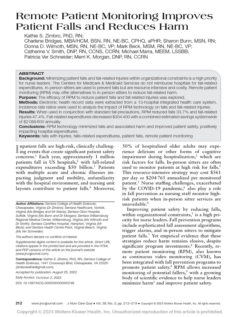 Remote Patient Monitoring Improves Patient Falls and Reduces Harm | PDF