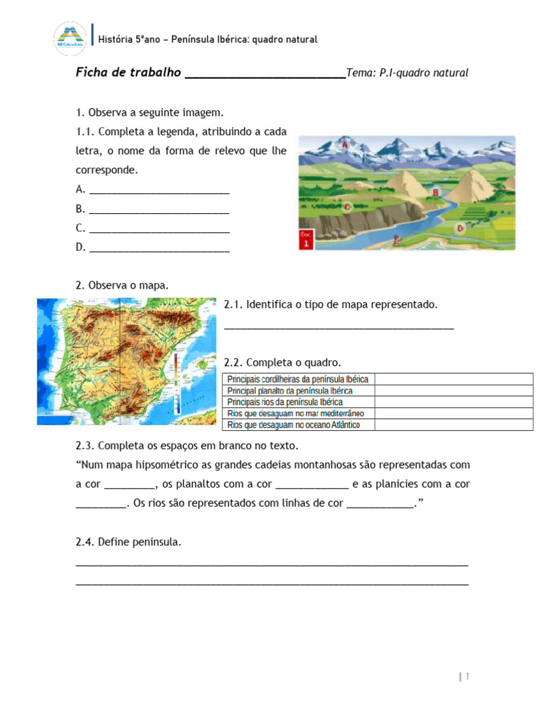 ficha de trabalho - hist 5º ano Península Ibérica quadro natural | PDF