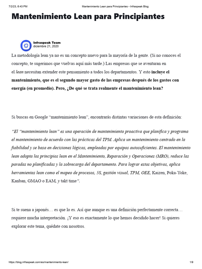 02 - Mantenimiento Lean para Principiantes - Infraspeak Blog | PDF