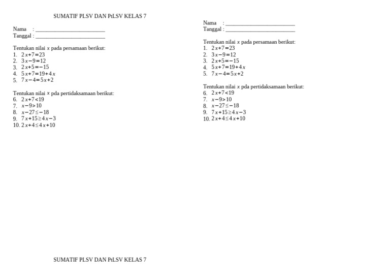 SUMATIF PLSV DAN PTLSV KELAS 7 | PDF