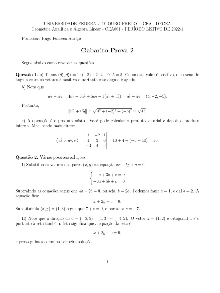 Prova 2 de GAAL - Gabarito | PDF