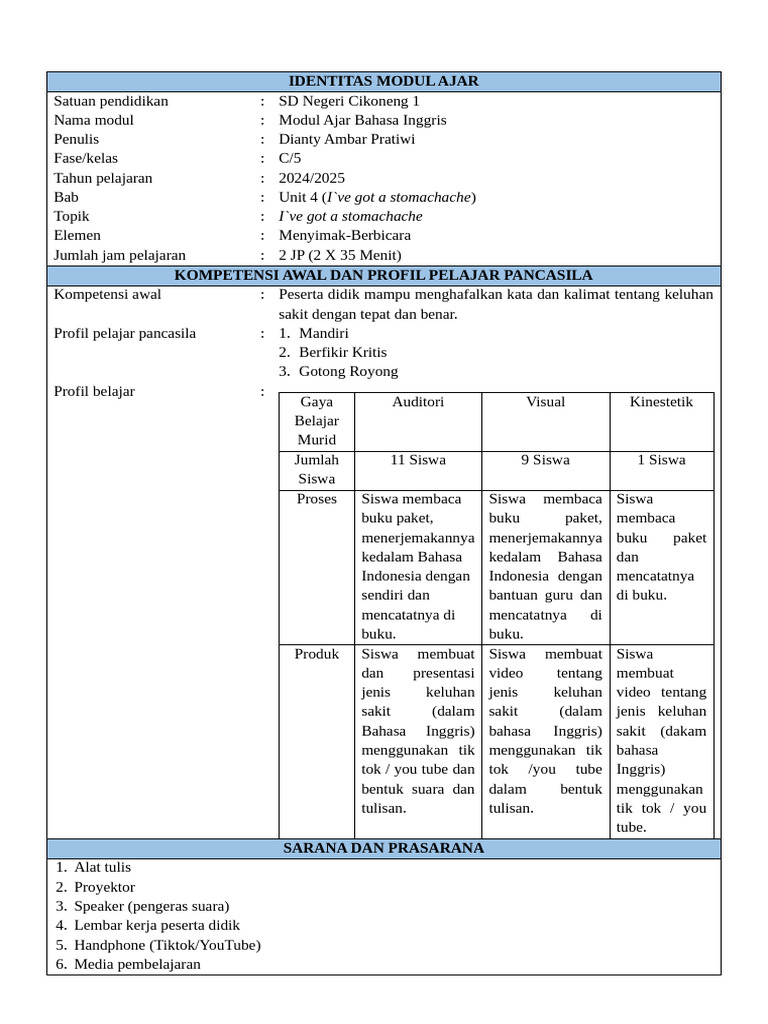 Modul Ajar Inggris 5 Unit 4 Pertemuan 1 (AutoRecovered) | PDF
