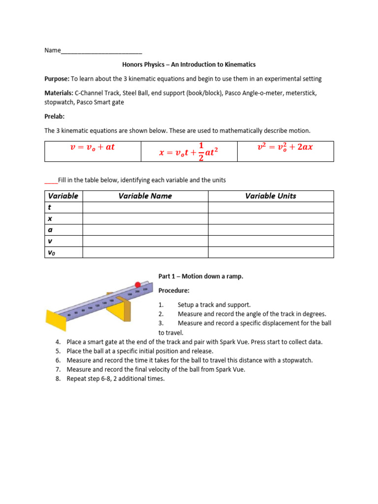 Honors Physics - Kinematics Lab | PDF