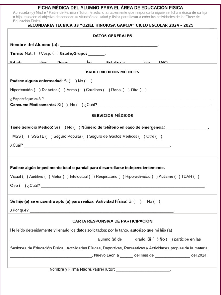 Ficha Médica - Educación Física Rodrigo HDZ 23-24 | PDF