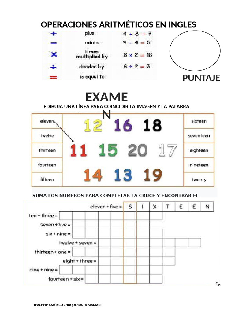 Operaciones Aritméticos en Ingles 4to Grado | PDF