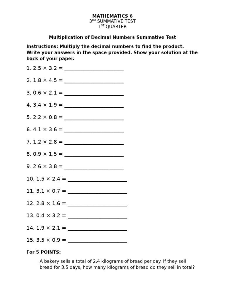 Multiplication of Decimal Numbers Summative Test | PDF