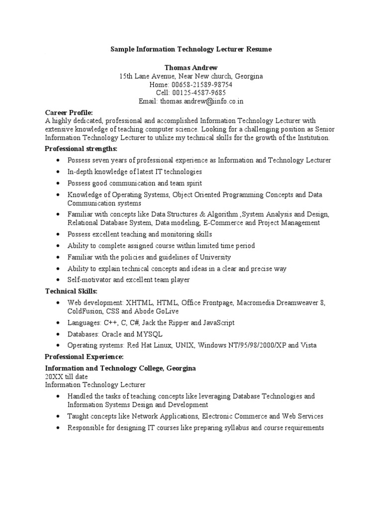 Sample Information Technology Lecturer Resume | PDF | Microsoft Access ...