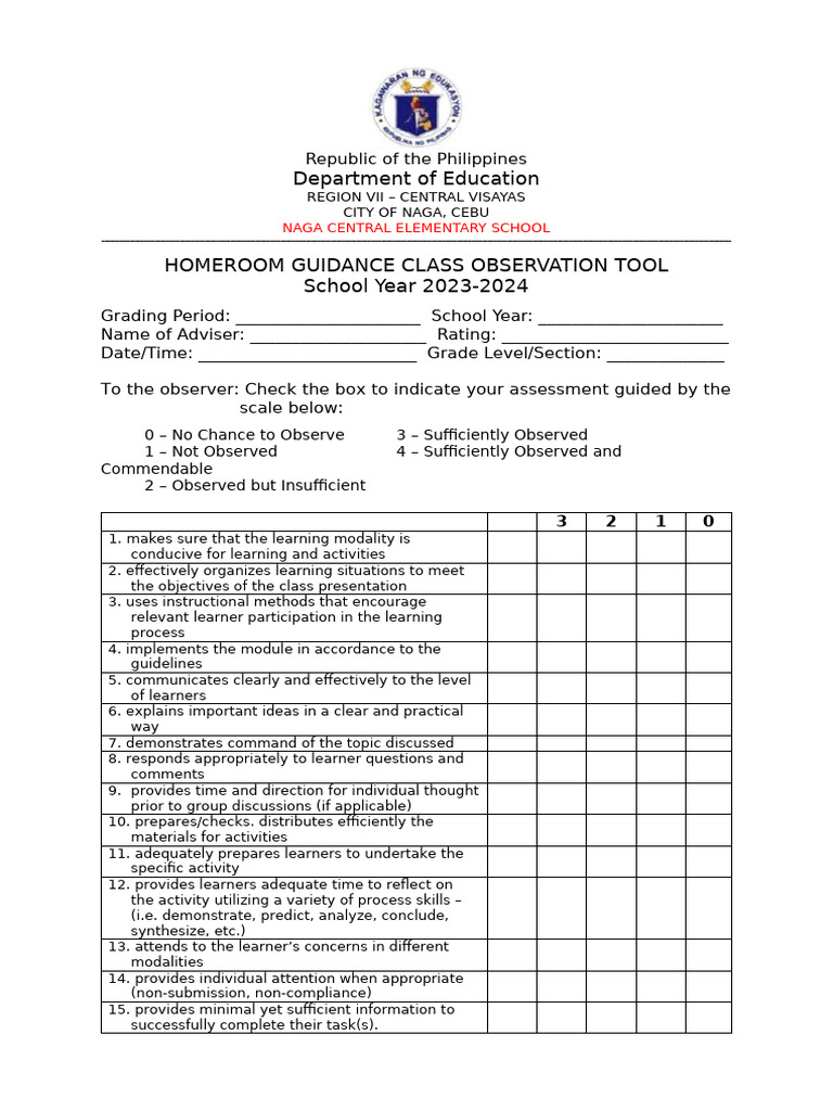 HOMEROOM GUIDANCE CLASS OBSERVATION TOOL Rev | PDF