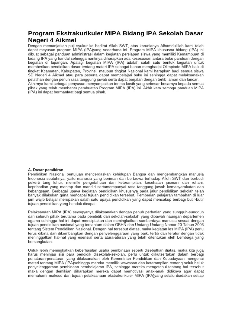 Program Ekstrakurikuler MIPA Bidang IPA Sekolah Dasar Negeri 4 Aikmel | PDF