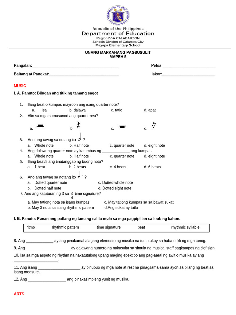 MAPEH-FIRST-QUARTERLY-EXAM | PDF